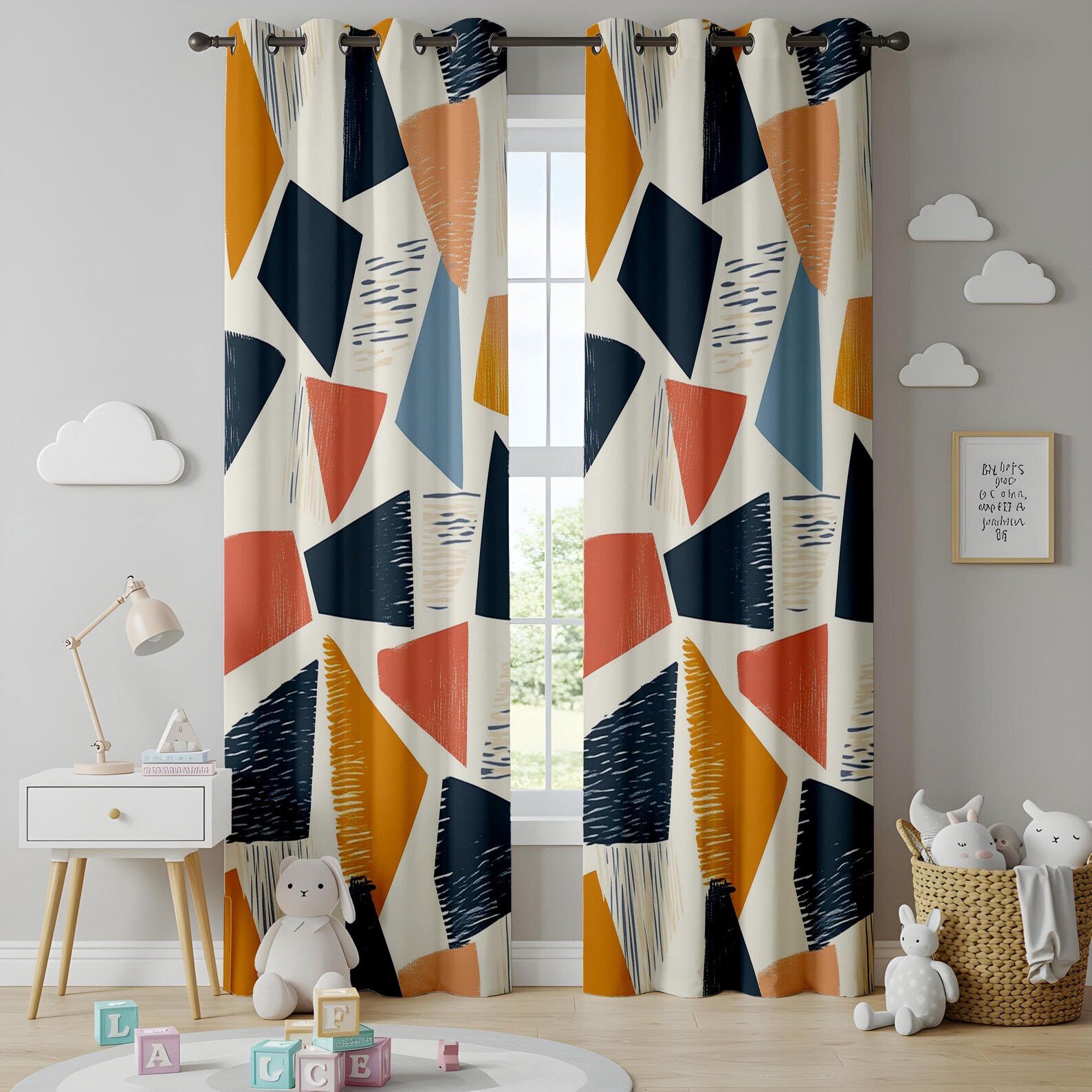 Abstract Geometric Living Room Curtains, Painterly Triangle Drapes ...