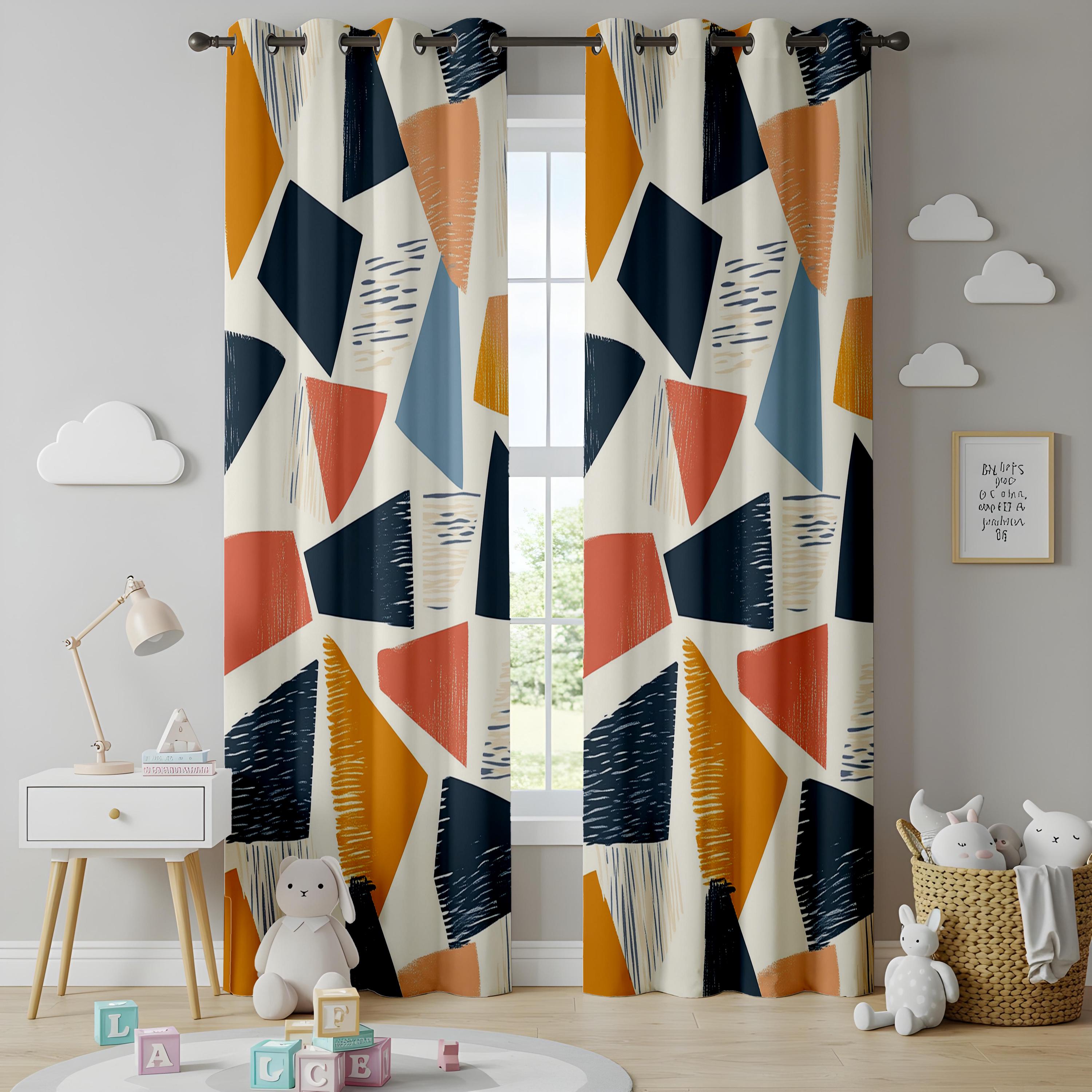 Abstract Geometric Living Room Curtains, Painterly Triangle Drapes ...