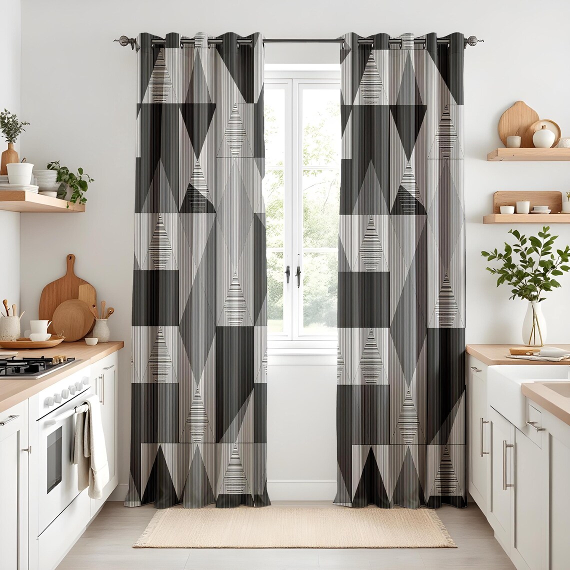 Modern Geometric Living Room Curtains, Black and Gray Abstract Triangle ...