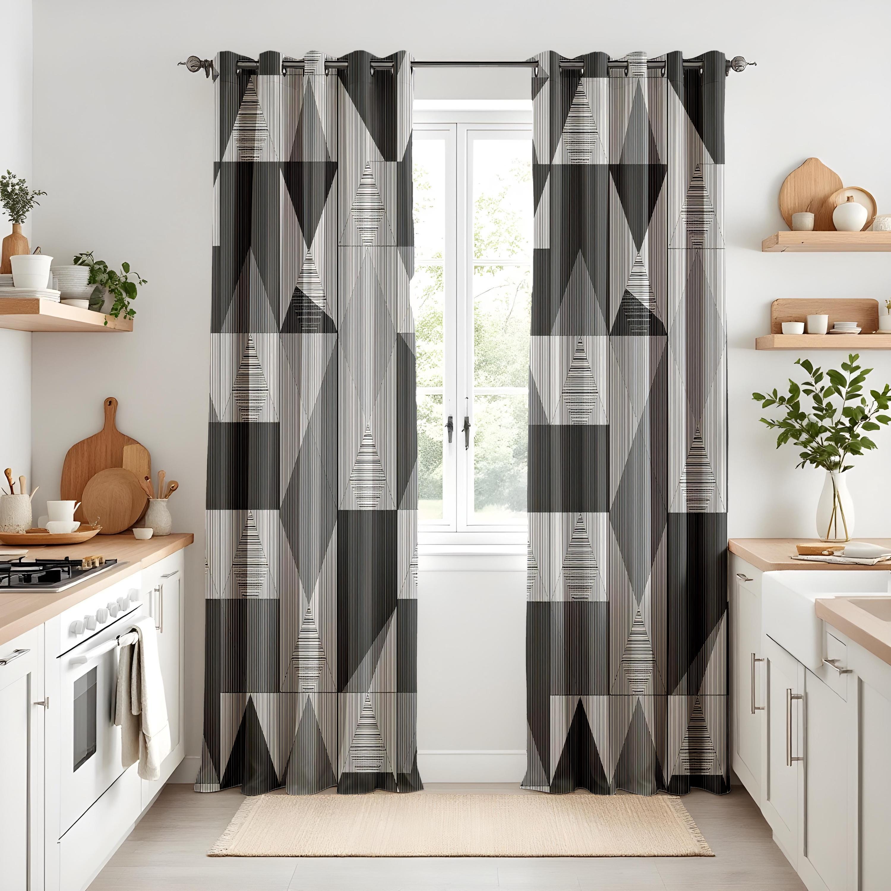 Modern Geometric Living Room Curtains, Black and Gray Abstract Triangle ...
