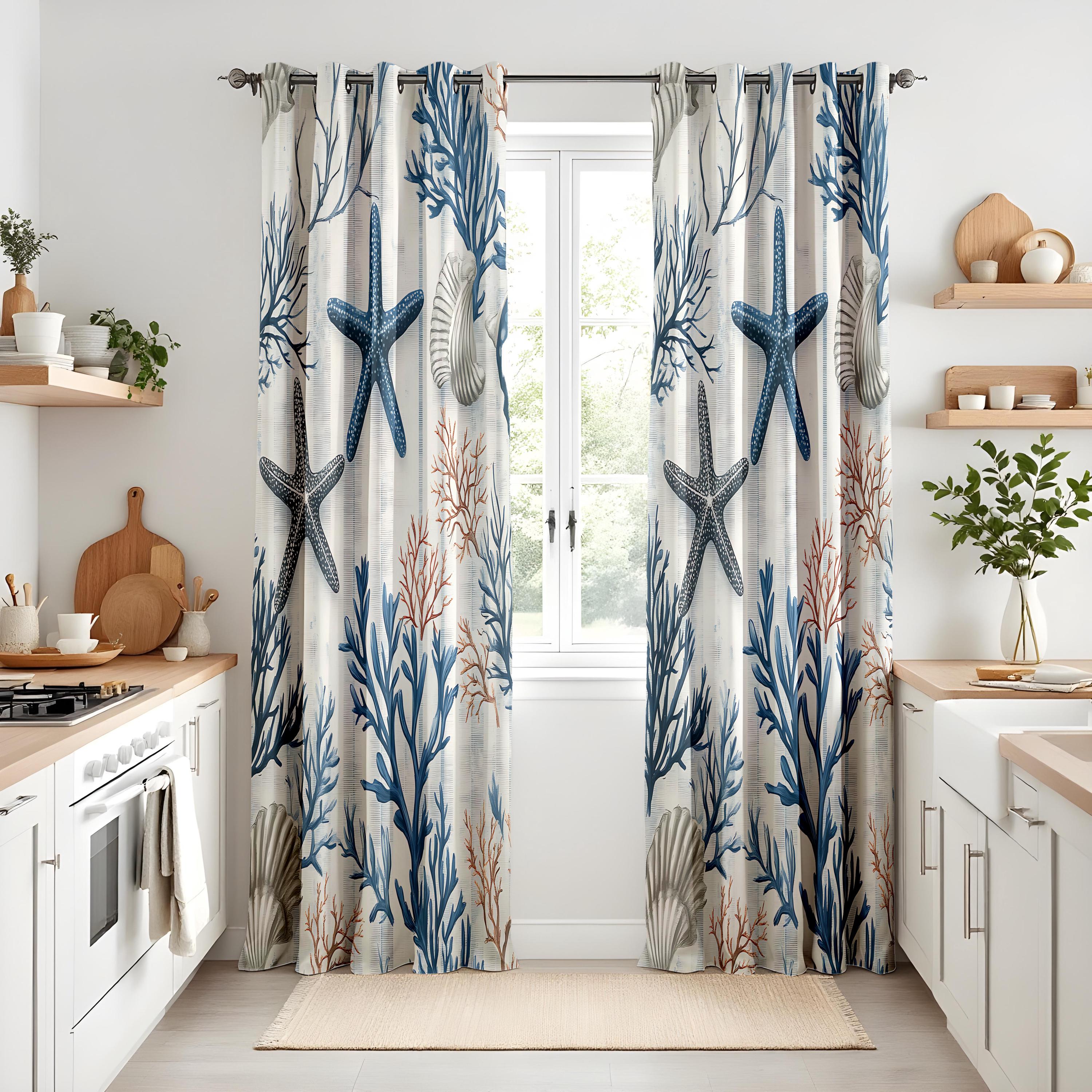 Coastal Beach Living Room Curtains, Nautical Starfish and Coral Drapes ...