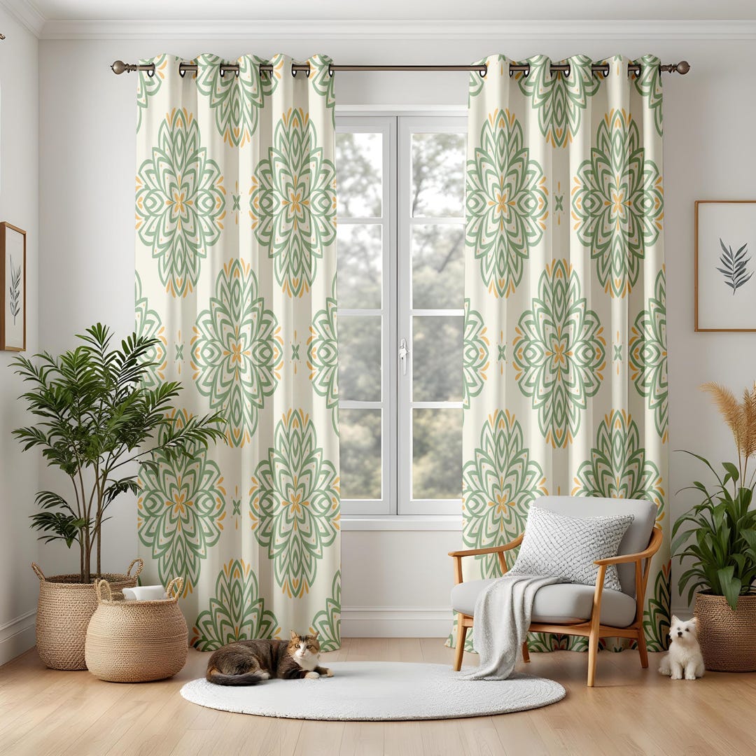Modern Damask Blackout Curtains, Geometric Floral Living Room Drapes in ...