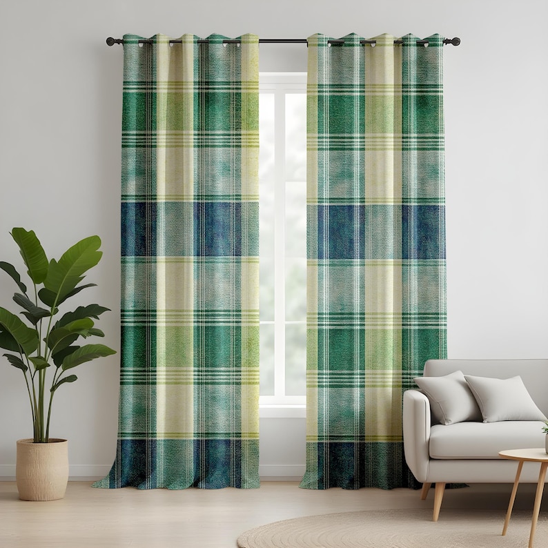 Green Blue Plaid Living Room Curtains, Country Cottage Kitchen Curtains ...
