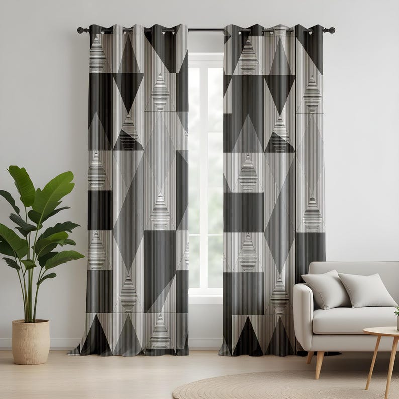 Modern Geometric Living Room Curtains, Black and Gray Abstract Triangle ...