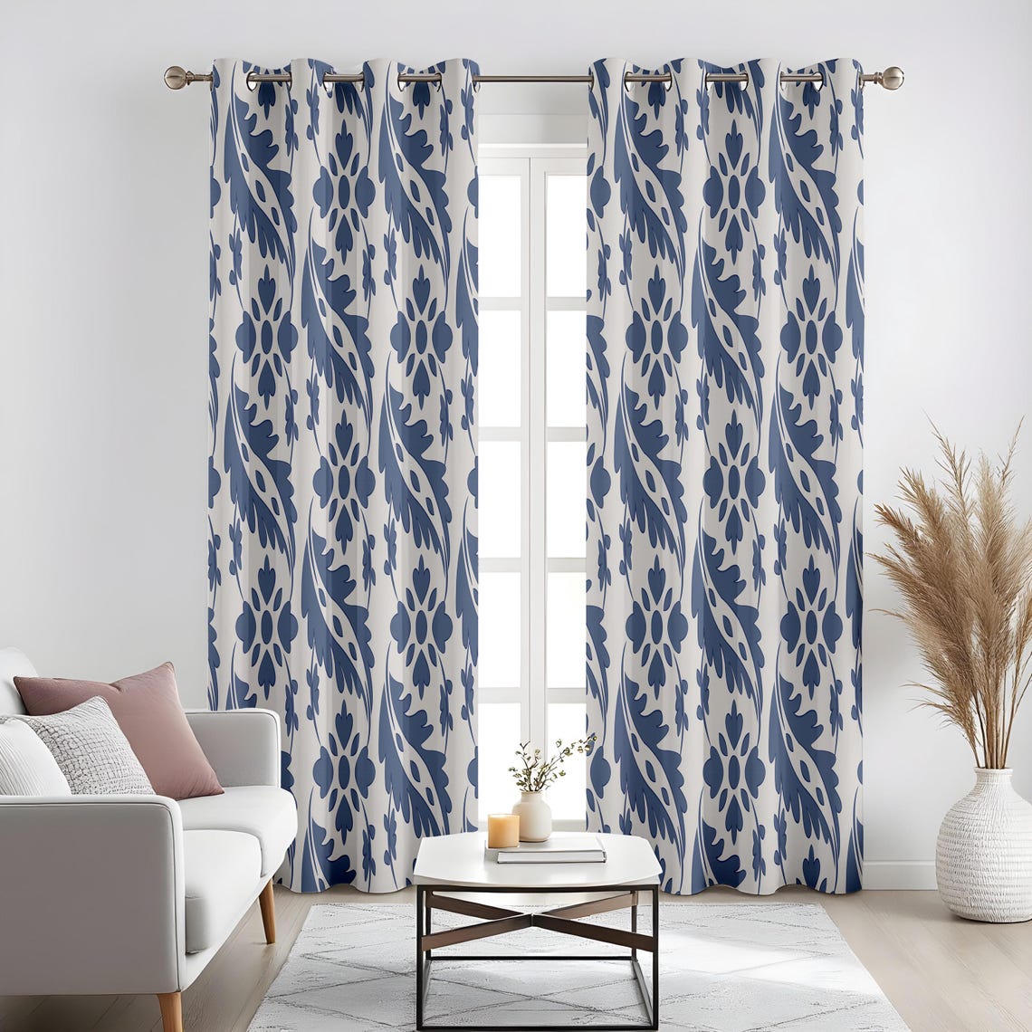 Navy Blue Floral Curtains for Living Room, Classic Cream Botanical ...