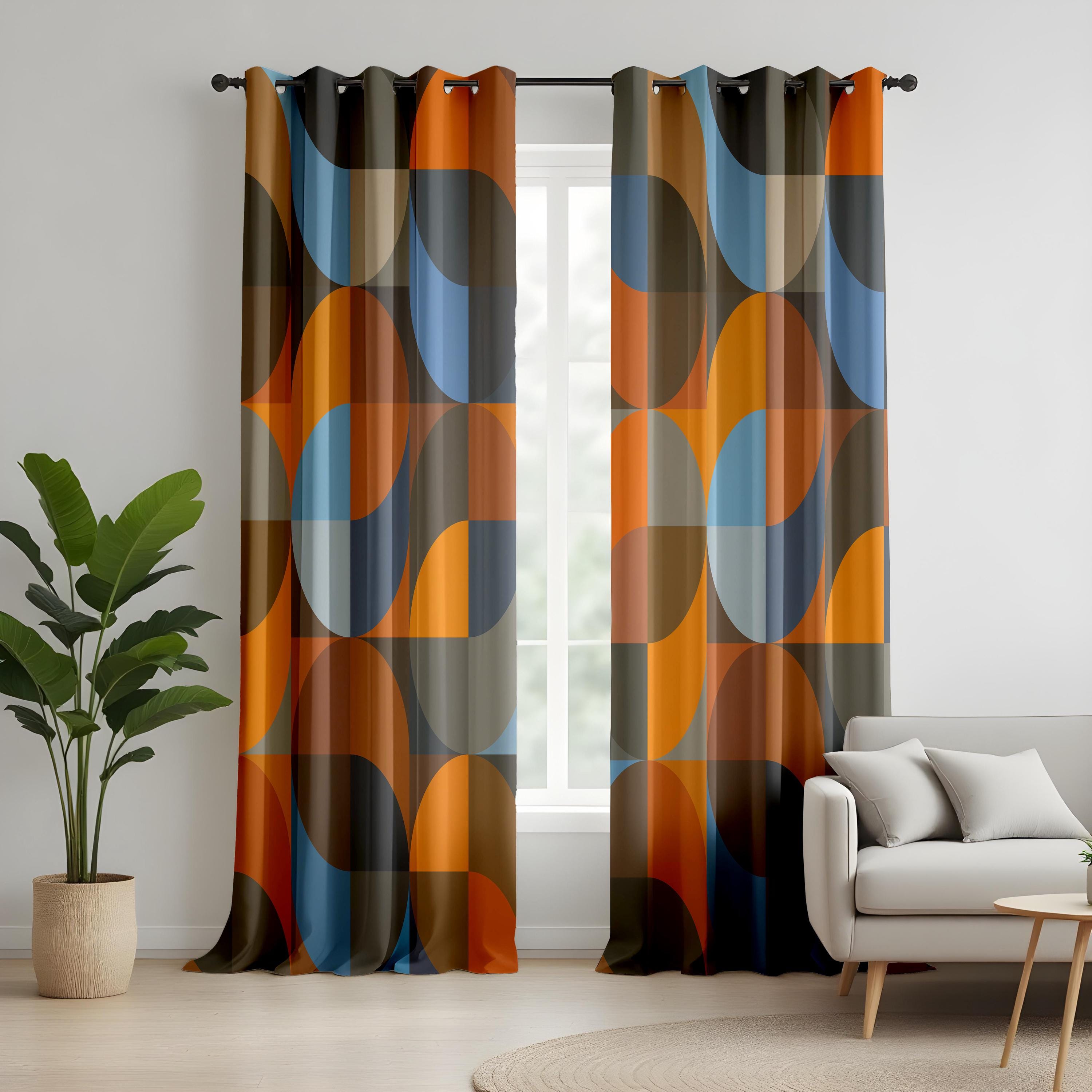 Retro Geometric Living Room Curtains, Colorful Mid Century Modern ...