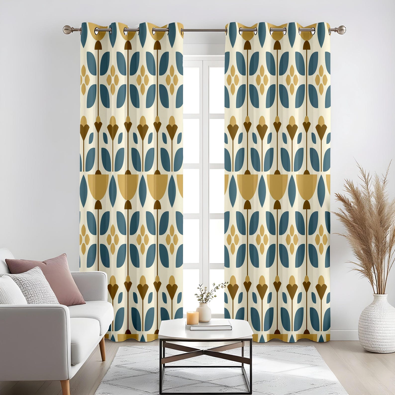 Retro Mid-century Modern Floral Living Room Curtains, Teal & Mustard ...