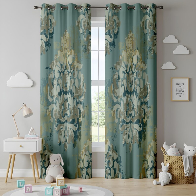 Elegant Damask Living Room Curtains, Sage Green Blue Pattern Drapes ...