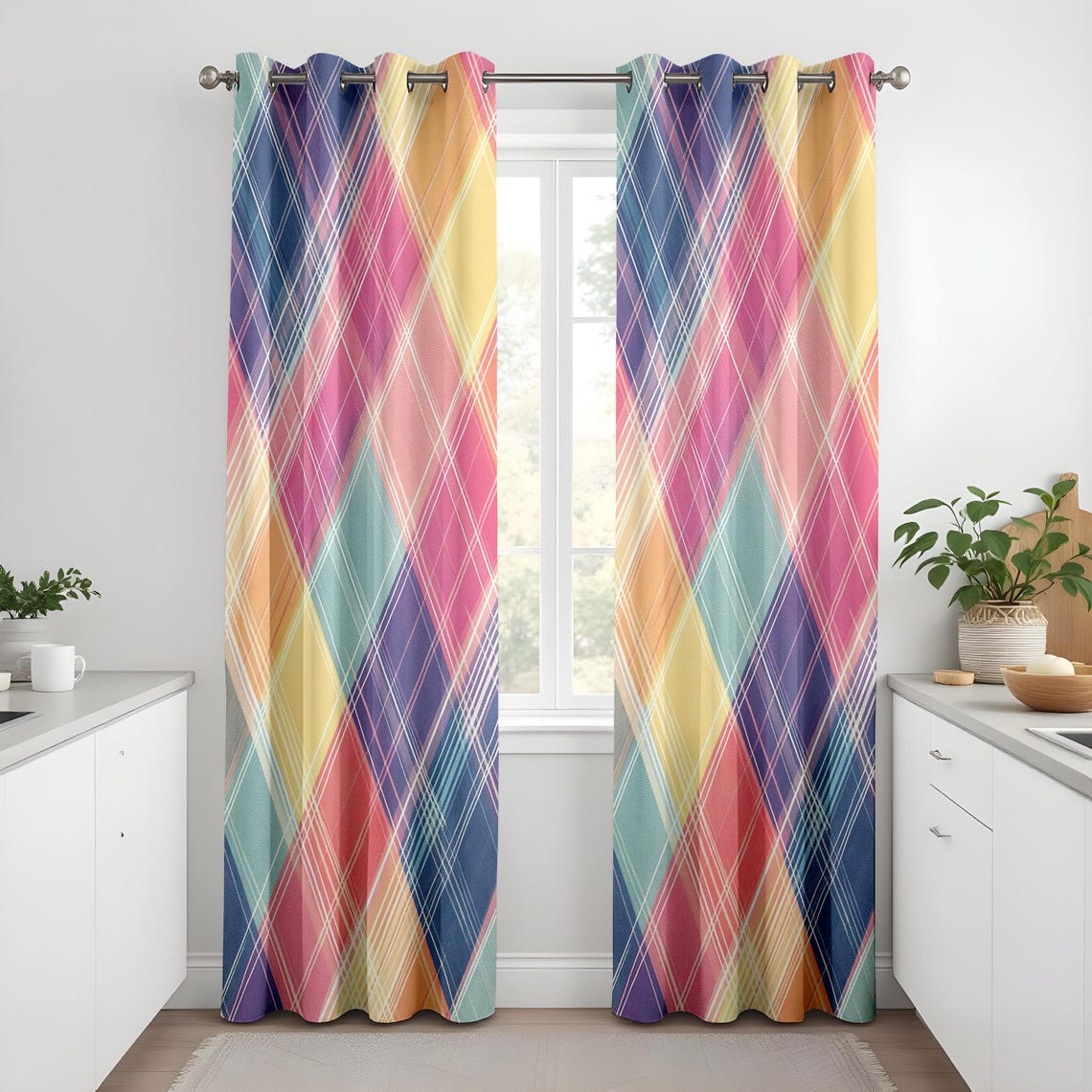 Rainbow Plaid Curtains for Living Room, Colorful Check Pattern Drapes ...