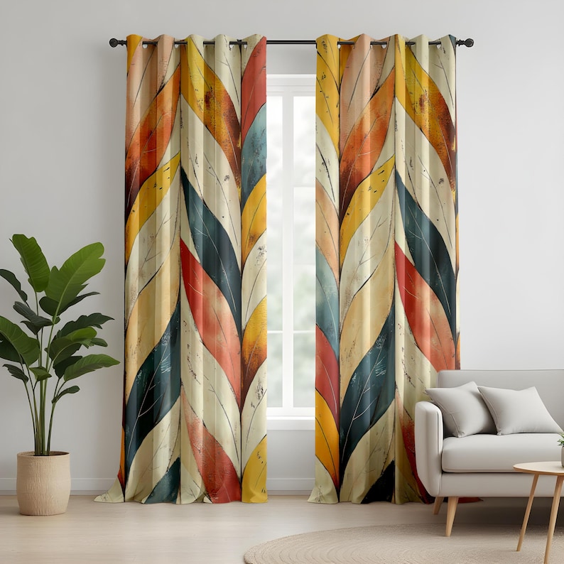 Colorful Boho Leaf Pattern Window Curtains, Retro Style Living Room ...