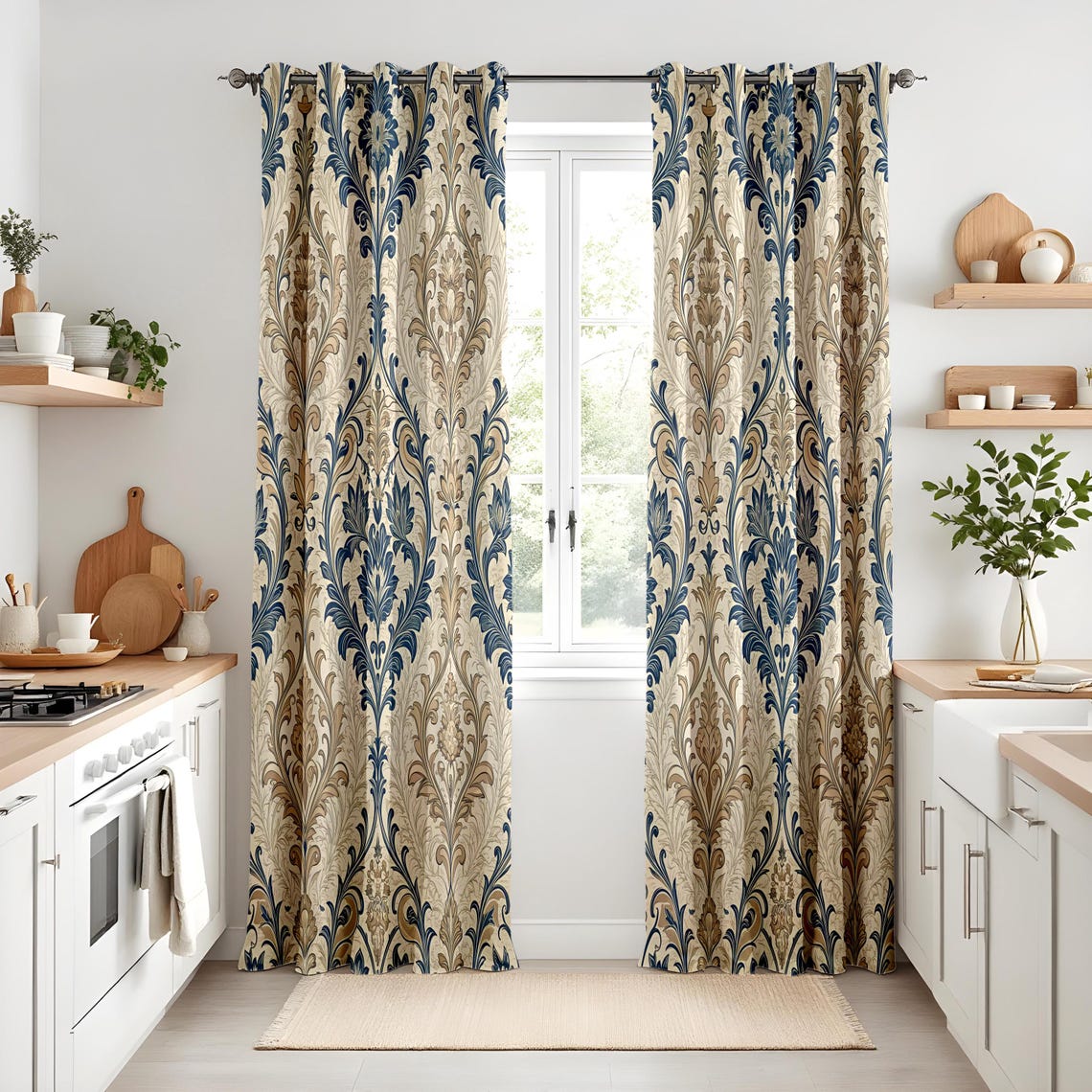 Dusty Blue Damask Blackout Curtains, Classic Floral Window Panels for ...