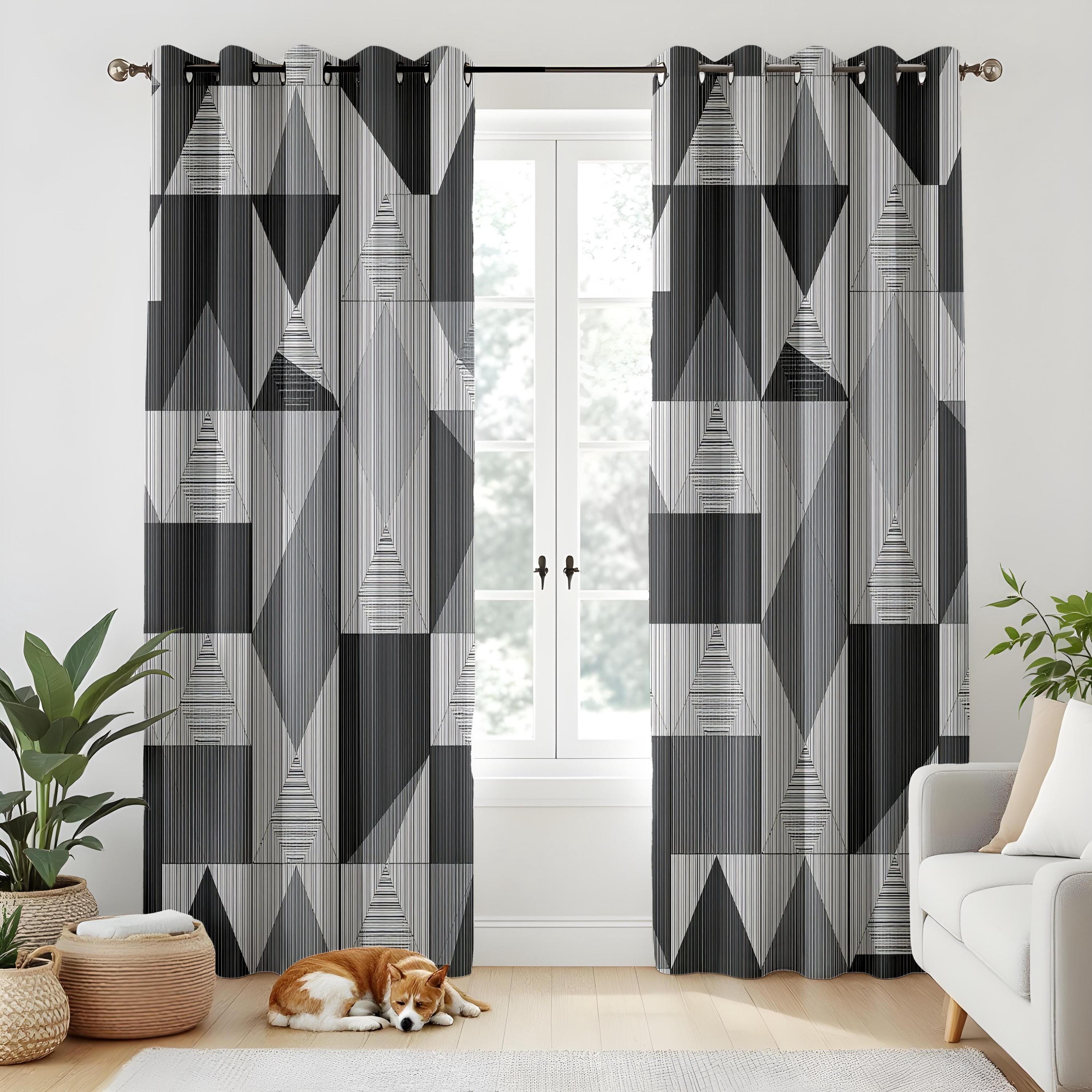 Modern Geometric Living Room Curtains, Black and Gray Abstract Triangle ...