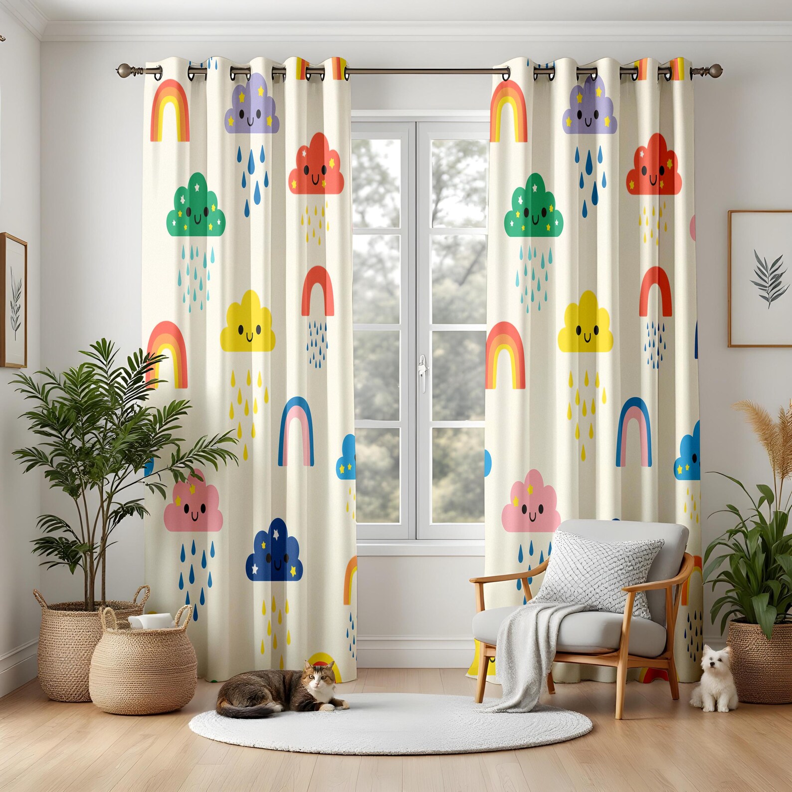 Rainbow Cloud Kids Room Curtains, Colorful Nursery Window Drapes, Happy ...