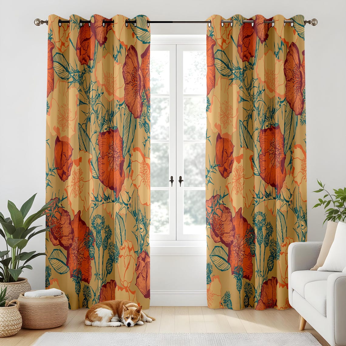 Bold Floral Curtains for Living Room, Vintage Botanical Window Drapes ...