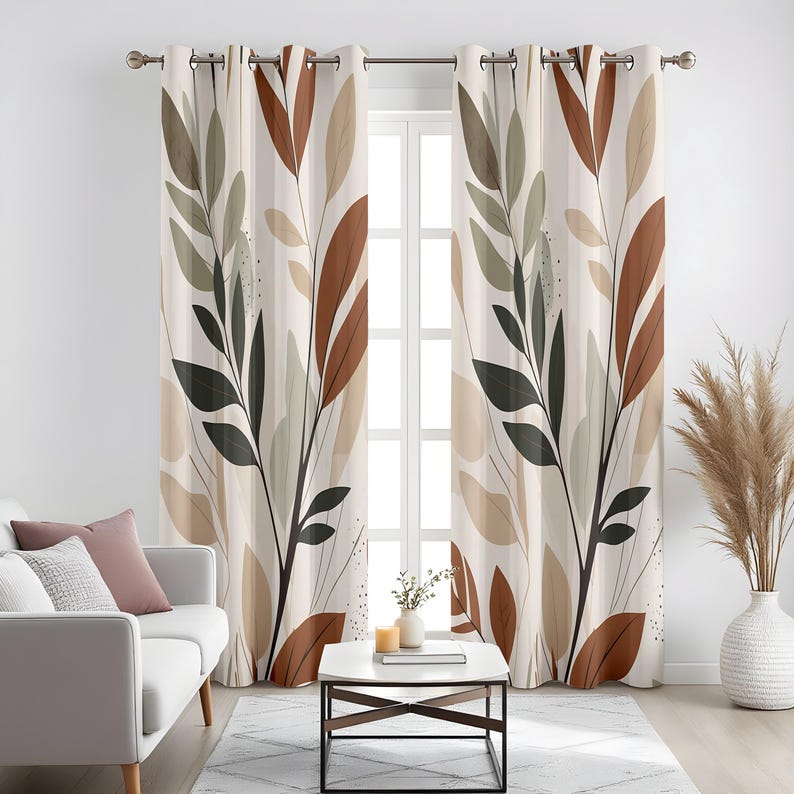 Modern Leaf Pattern Living Room Curtains, Neutral Botanical Window ...