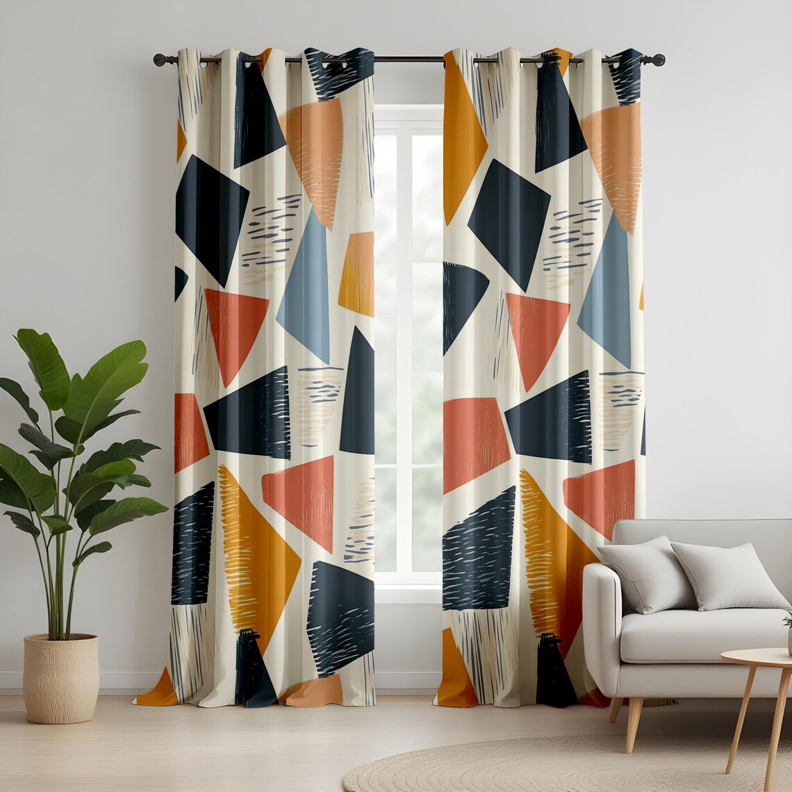 Abstract Geometric Living Room Curtains, Painterly Triangle Drapes ...