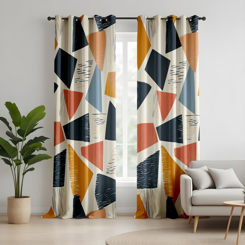 Abstract Geometric Living Room Curtains, Painterly Triangle Drapes ...