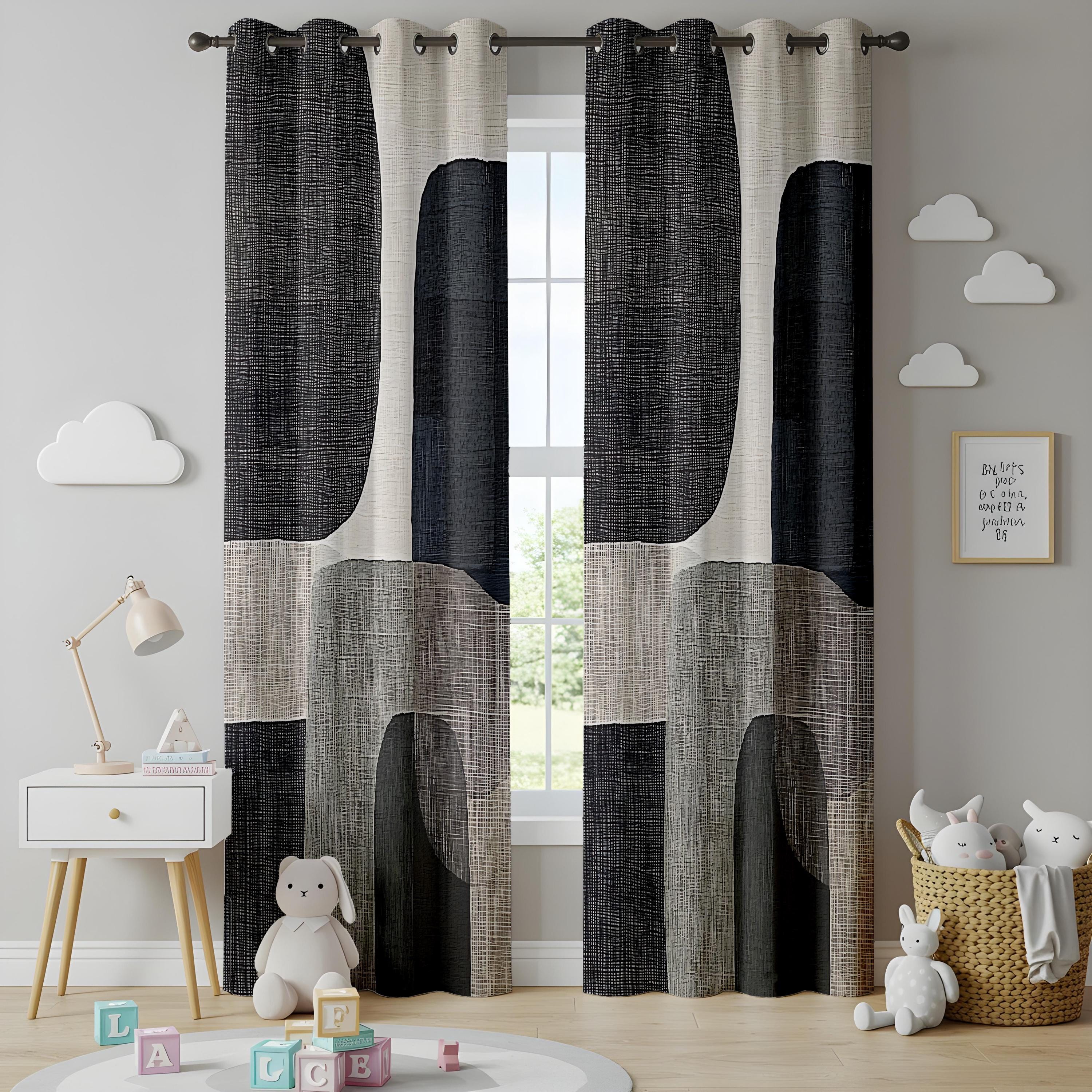 Modern Geometric Living Room Curtains, Black and Beige Abstract Drapes ...