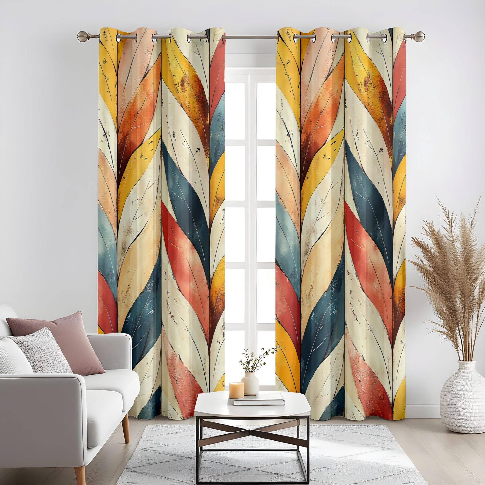 Colorful Boho Leaf Pattern Window Curtains, Retro Style Living Room ...