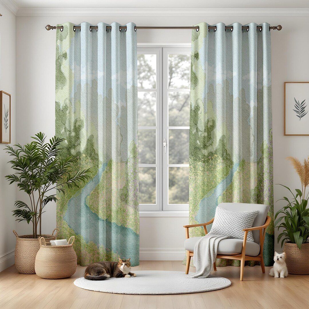Watercolor Landscape Curtains, Serene Forest and River Window Panels ...