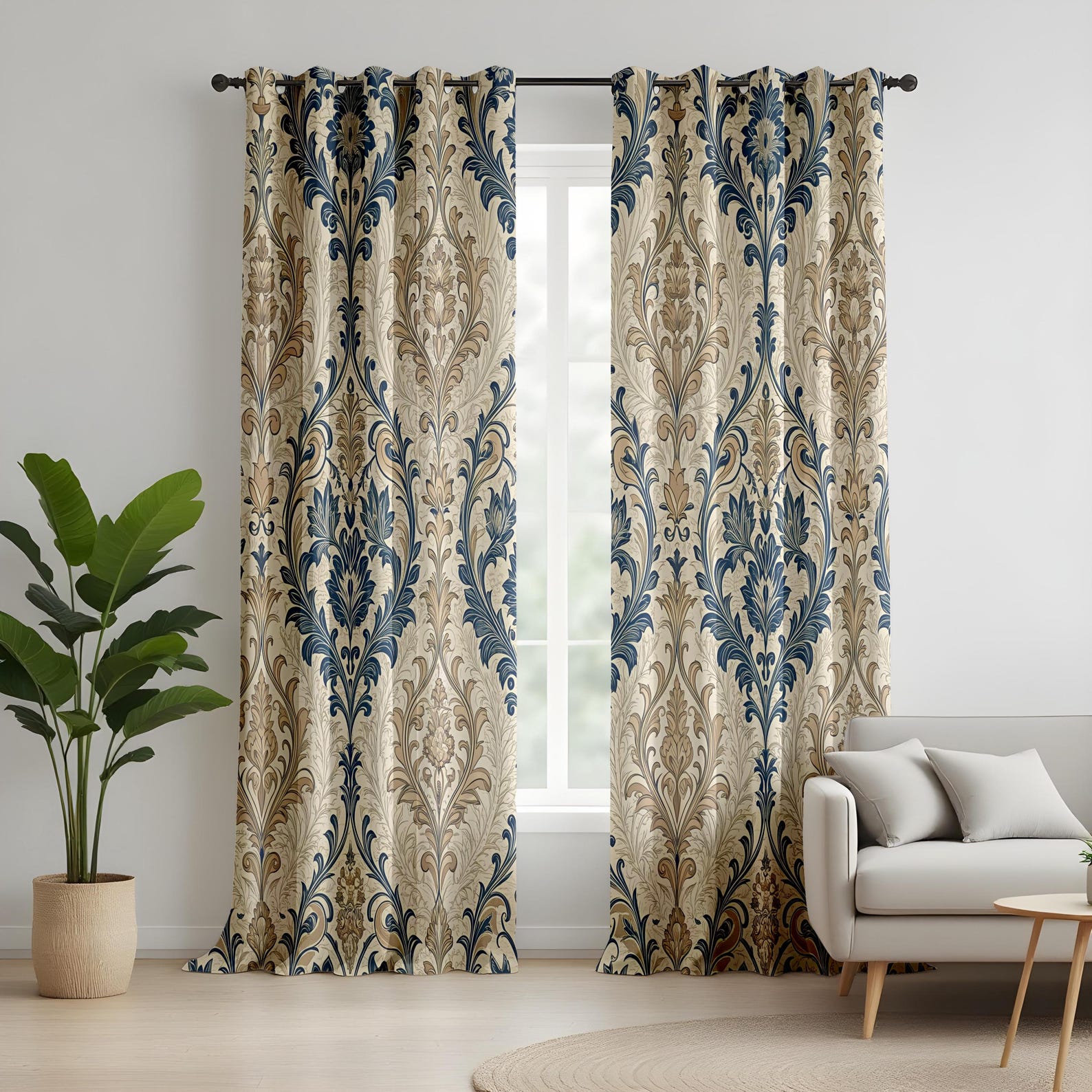 Dusty Blue Damask Blackout Curtains, Classic Floral Window Panels for ...