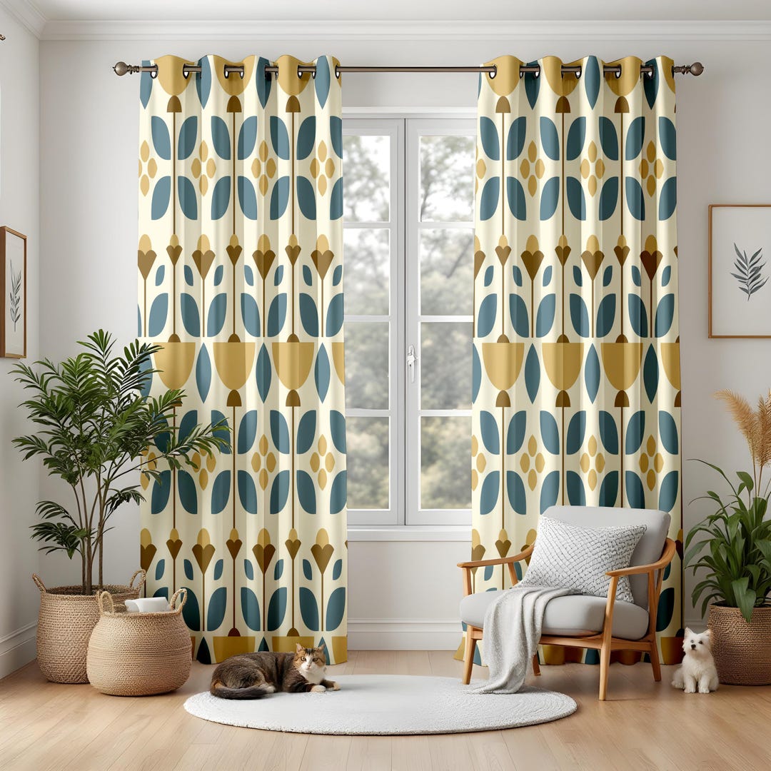Retro Mid-century Modern Floral Living Room Curtains, Teal & Mustard ...