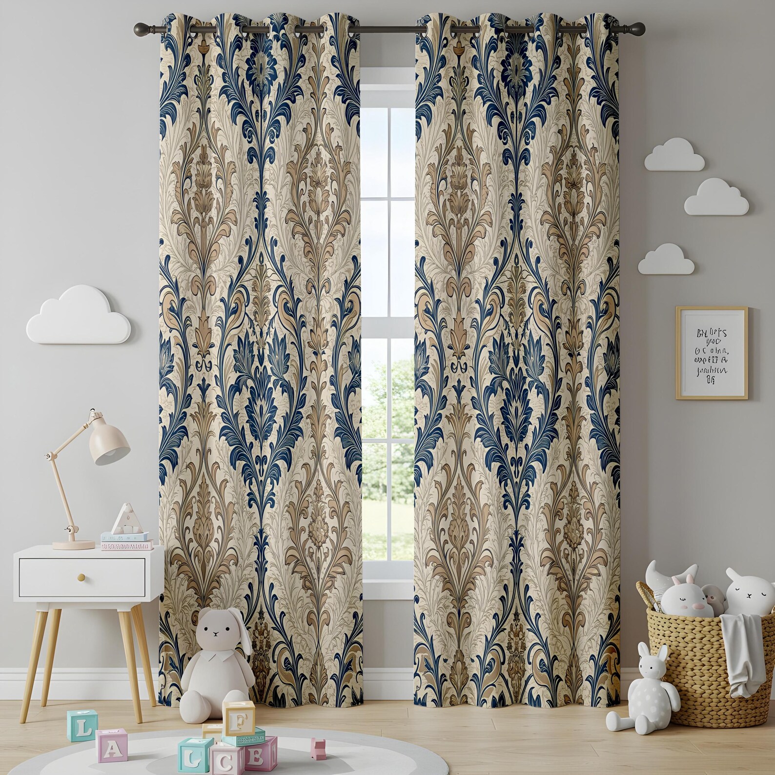 Dusty Blue Damask Blackout Curtains, Classic Floral Window Panels for ...