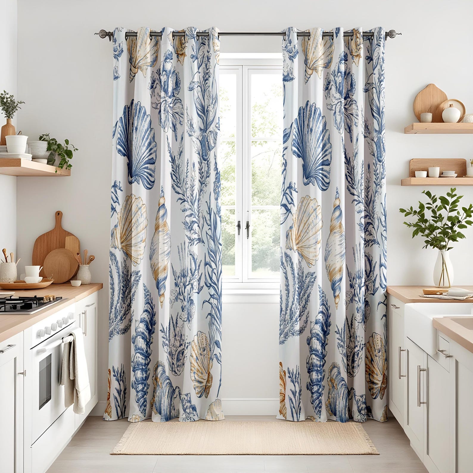 Vintage Seashell Living Room Curtains, Blue and Beige Ocean Botanical ...