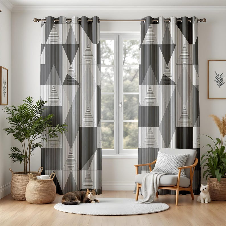 Modern Geometric Living Room Curtains, Black and Gray Abstract Triangle ...