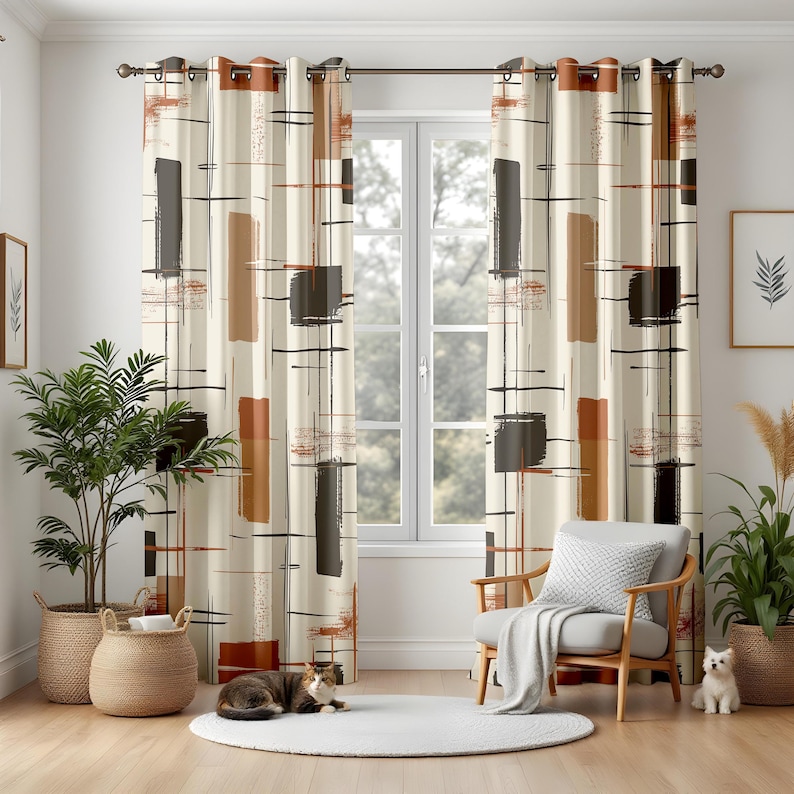 Modern Abstract Living Room Curtains, Terracotta and Brown Block Print ...