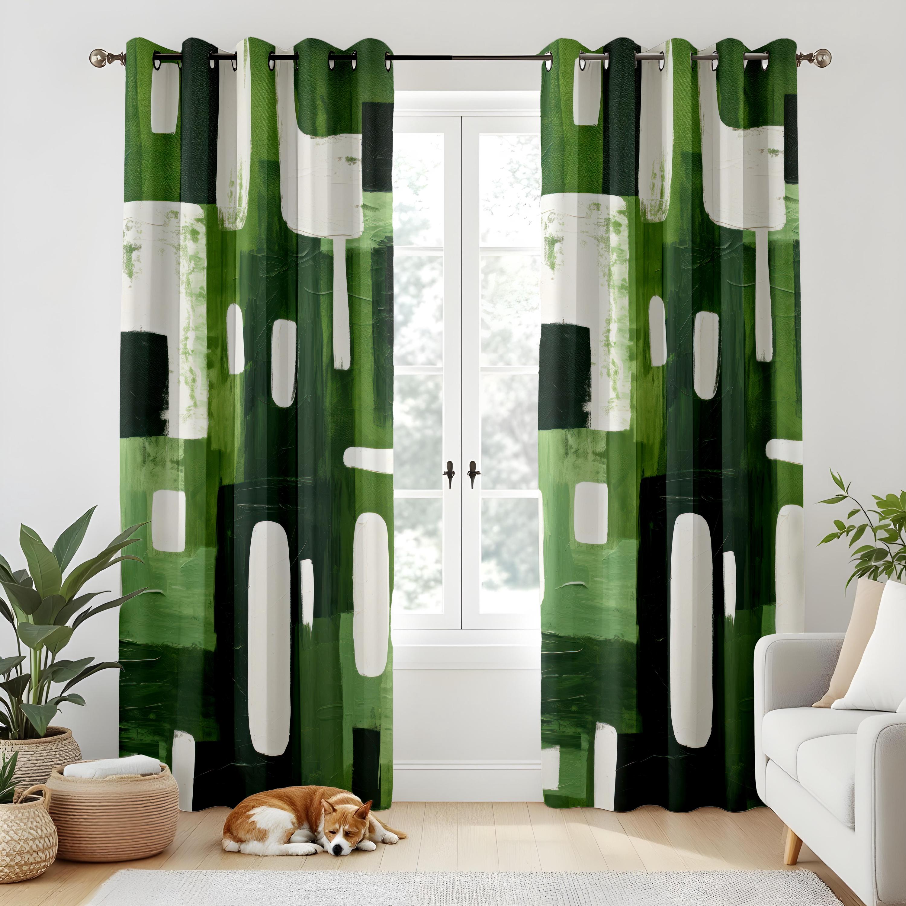 Jade Brushstroke Living Room Curtains, Green Abstract Drapes, White ...