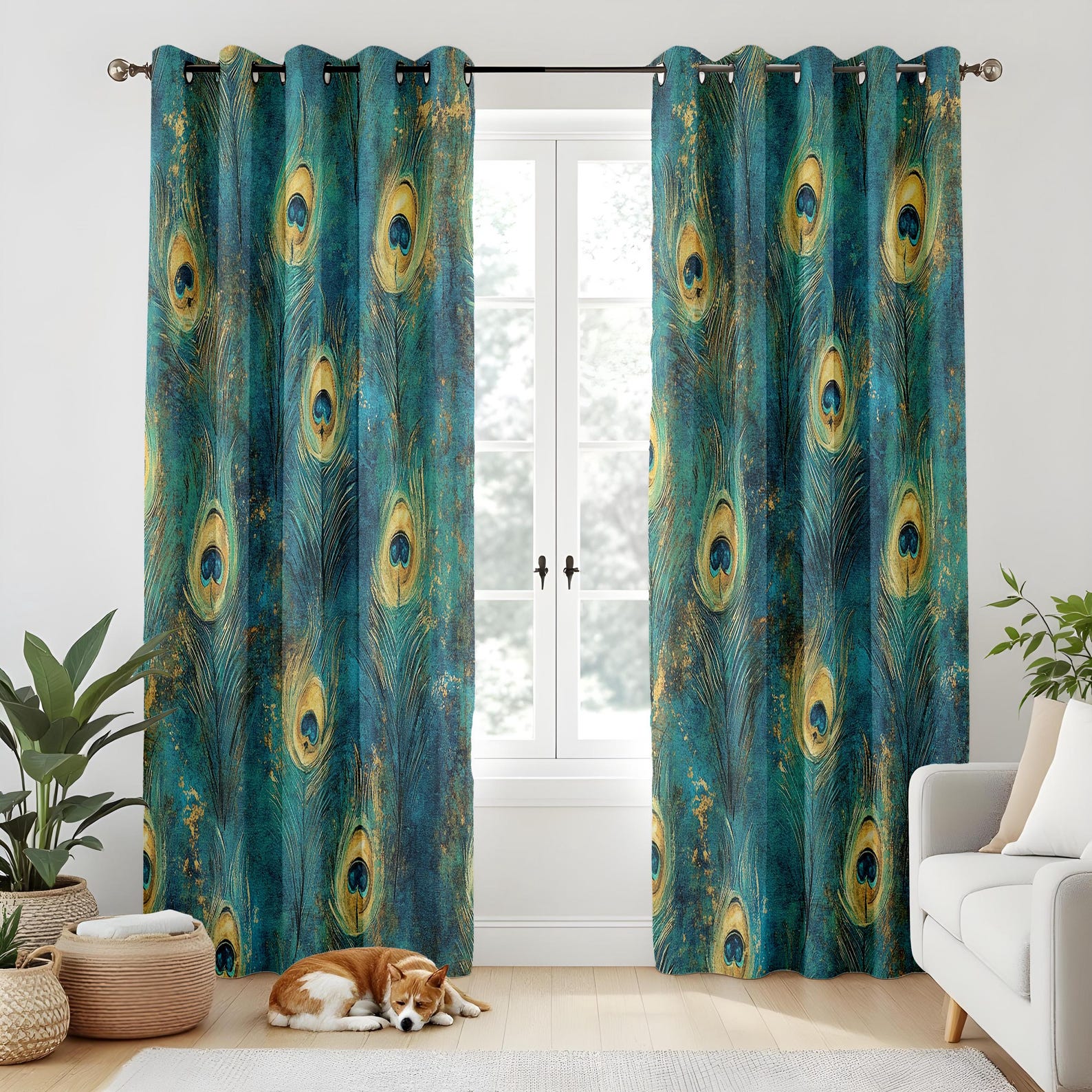 Peacock Feather Curtains for Living Room, Glam Exotic Drapes in Teal ...