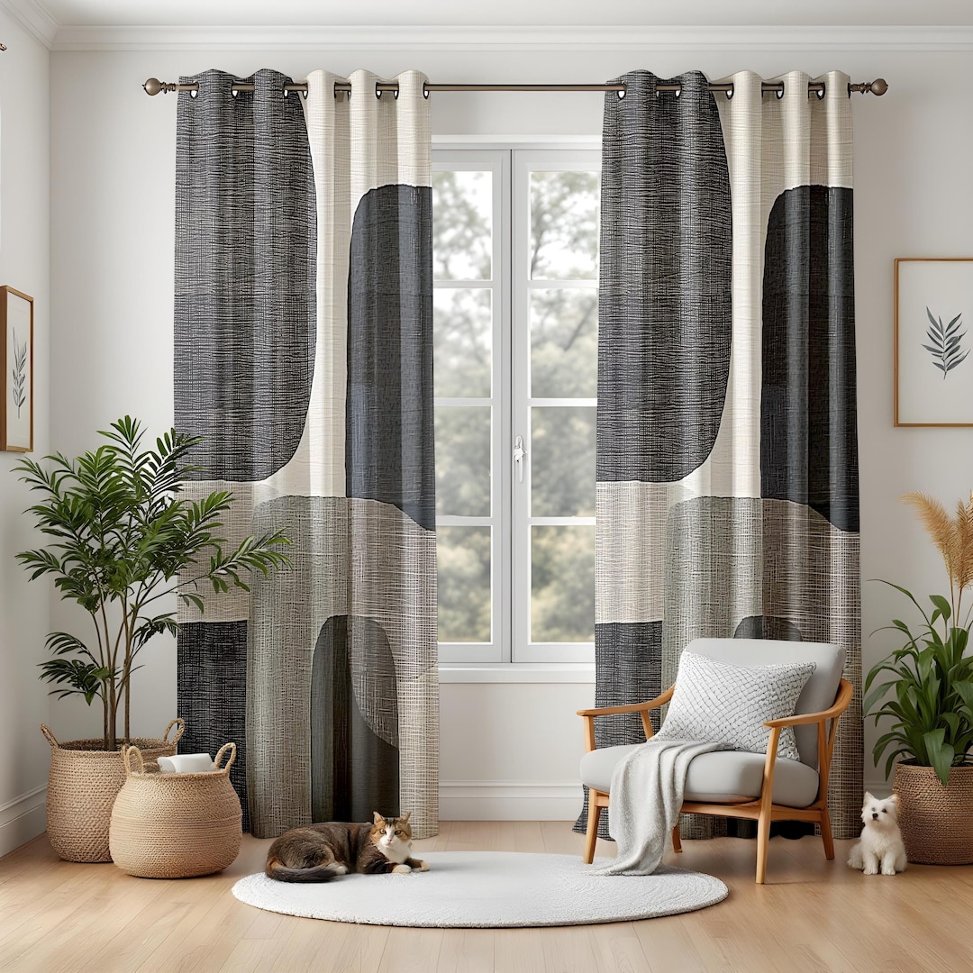 Modern Geometric Living Room Curtains, Black and Beige Abstract Drapes ...