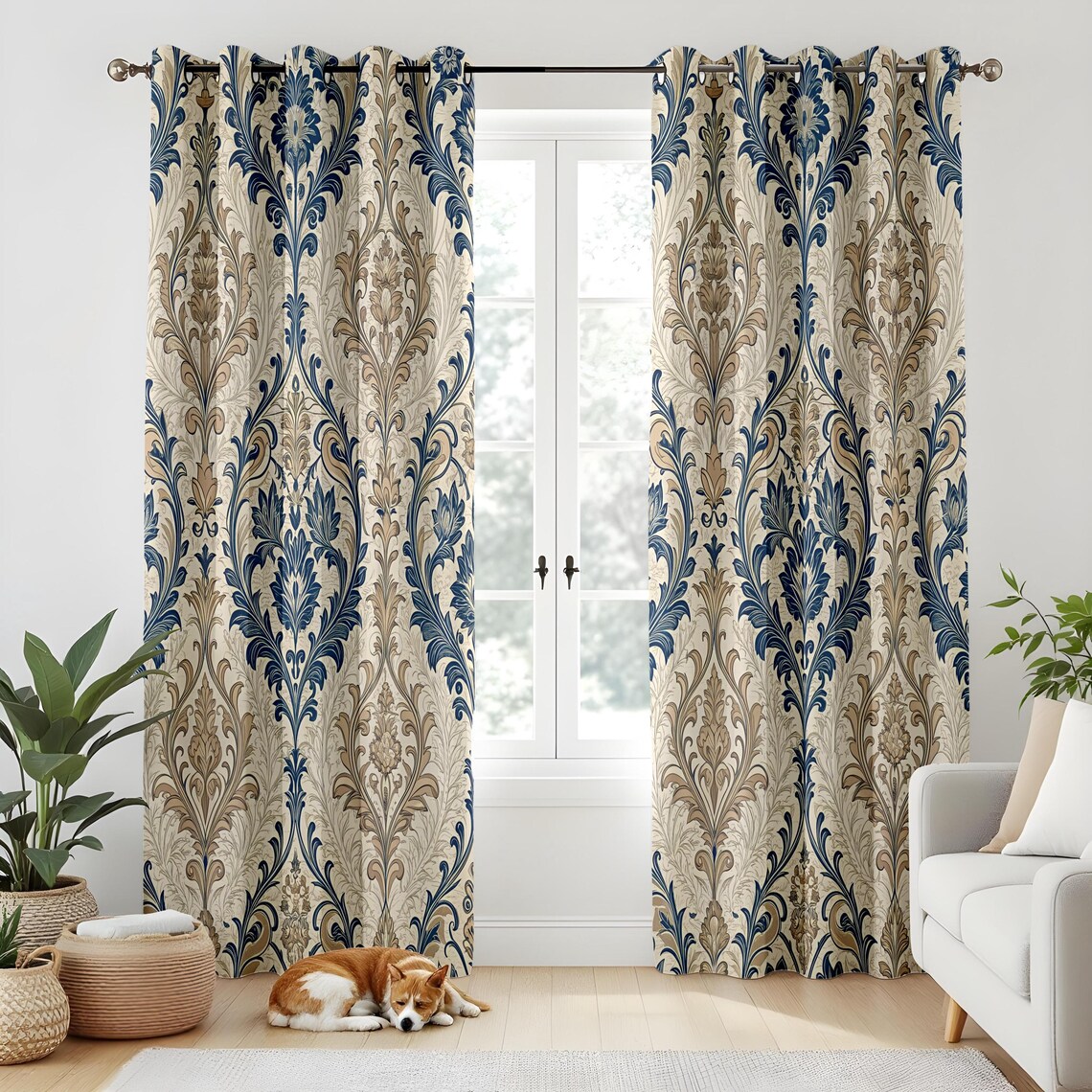 Dusty Blue Damask Blackout Curtains, Classic Floral Window Panels for ...