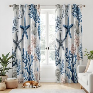 Coastal Beach Living Room Curtains, Nautical Starfish and Coral Drapes ...