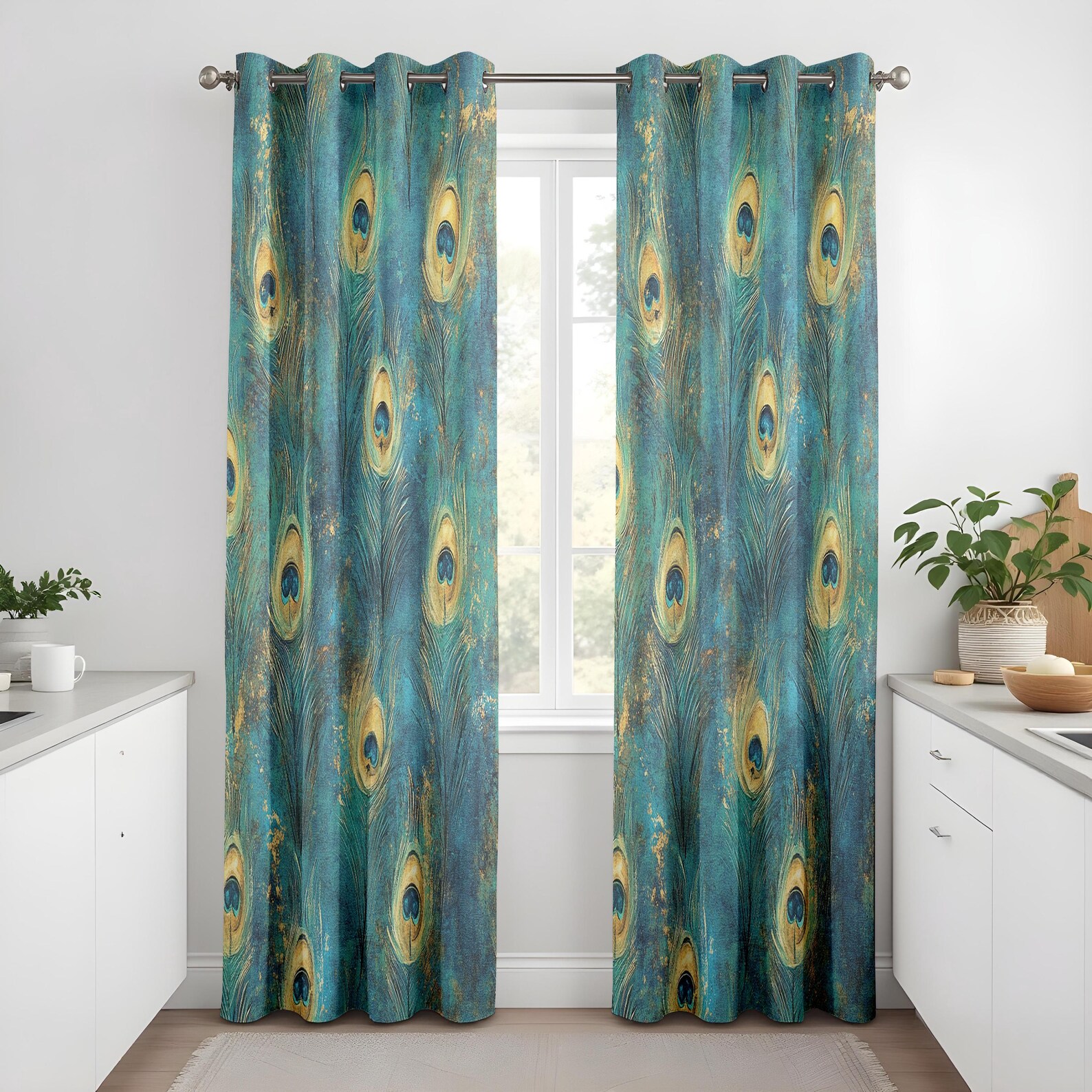 Peacock Feather Curtains for Living Room, Glam Exotic Drapes in Teal ...