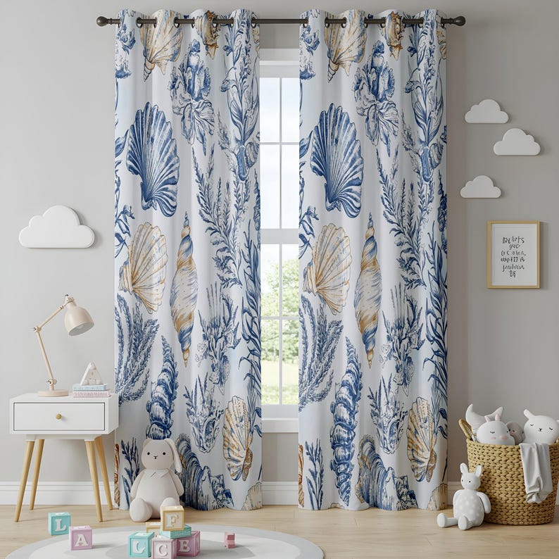 Vintage Seashell Living Room Curtains, Blue and Beige Ocean Botanical ...