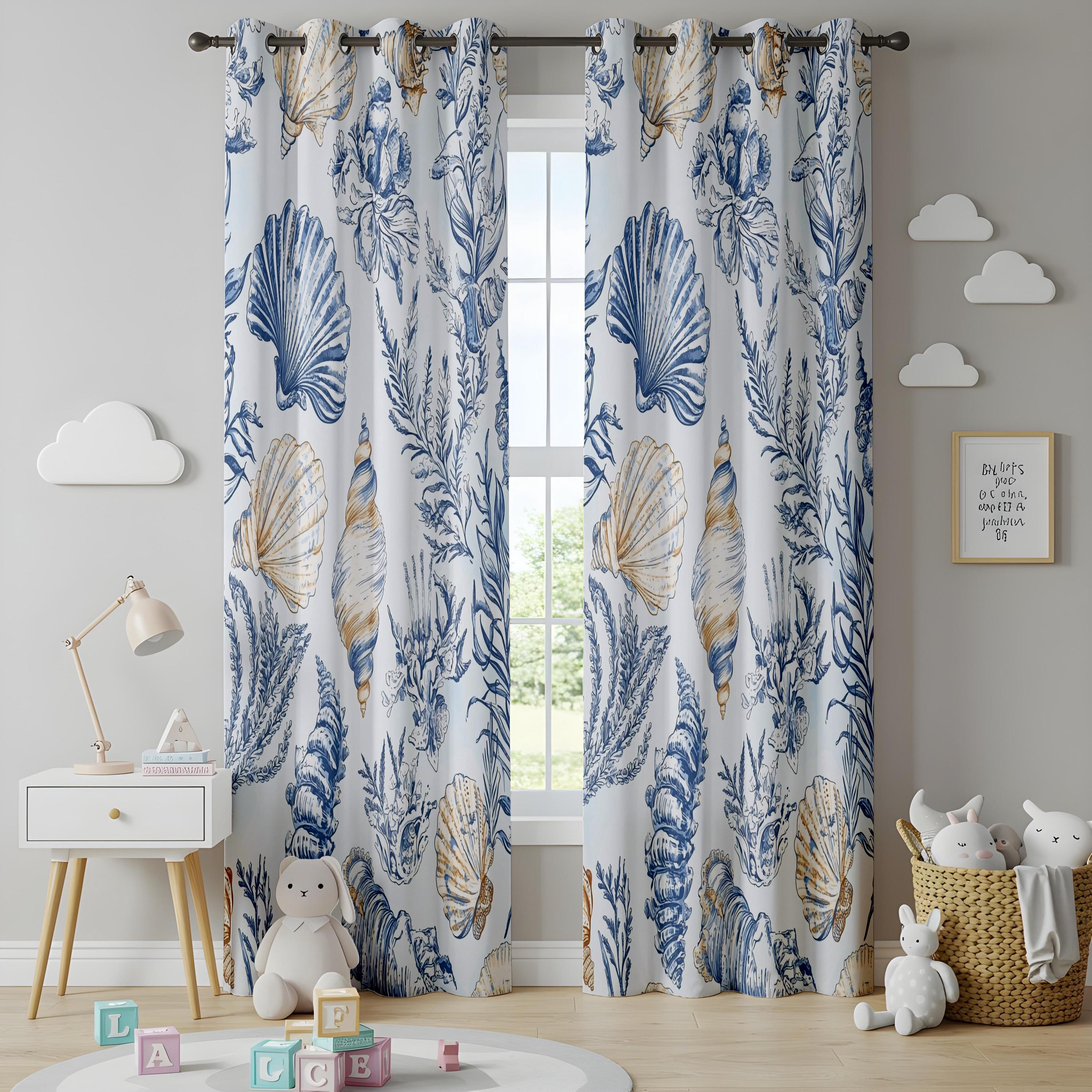 Vintage Seashell Living Room Curtains, Blue and Beige Ocean Botanical ...