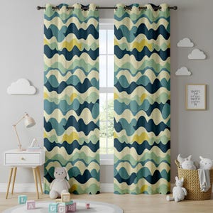 Teal Cream & Navy Wavy Stripe Blackout Living Room Curtains, Modern ...