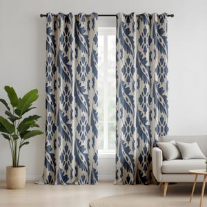 Navy Blue Floral Curtains for Living Room, Classic Cream Botanical ...
