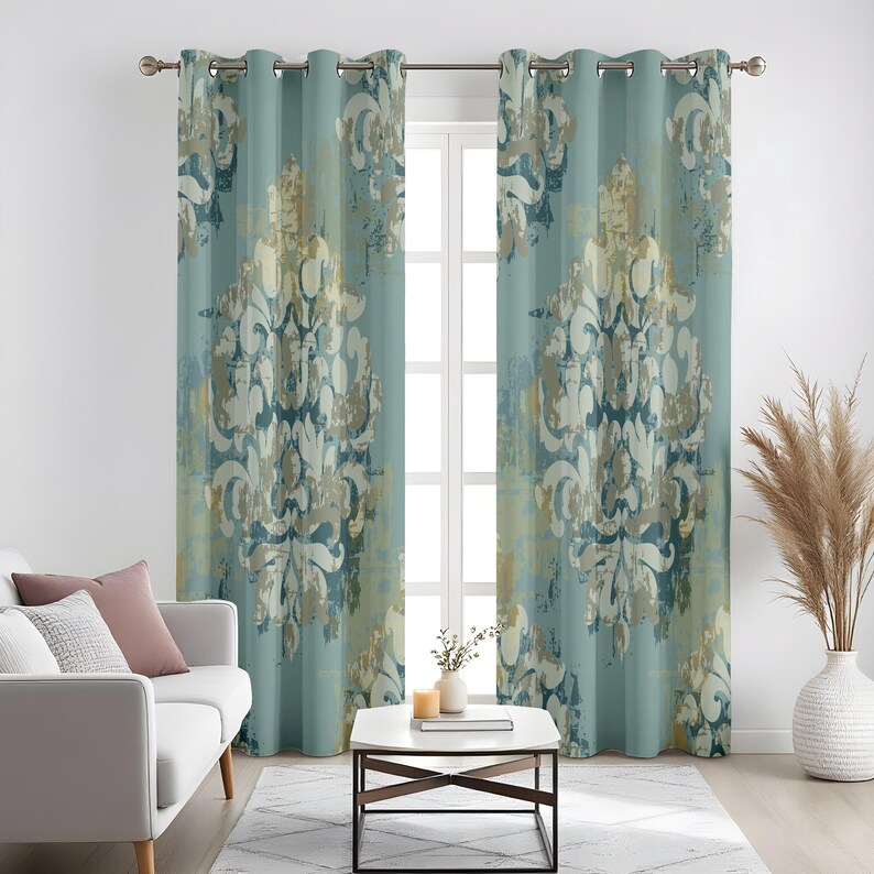 Elegant Damask Living Room Curtains, Sage Green Blue Pattern Drapes ...