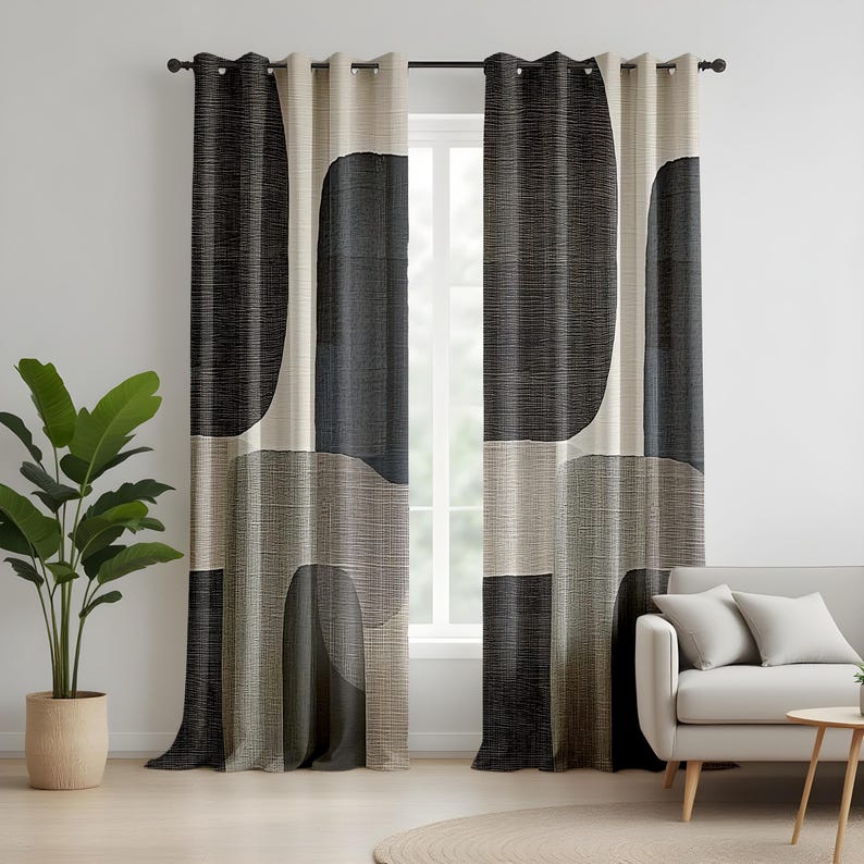Modern Geometric Living Room Curtains, Black and Beige Abstract Drapes ...
