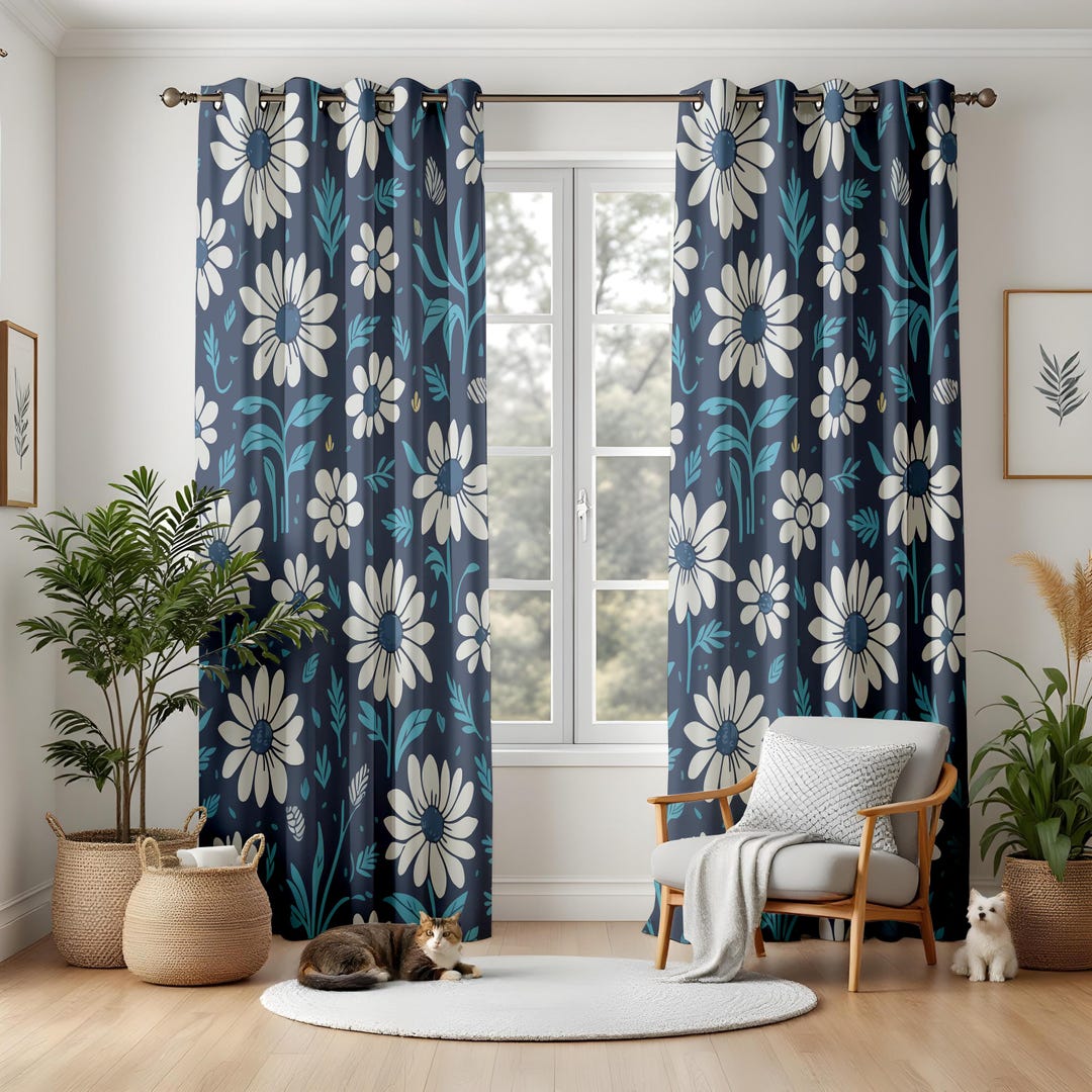Navy Blue Floral Living Room Curtains, Large Daisy Pattern Drapes ...