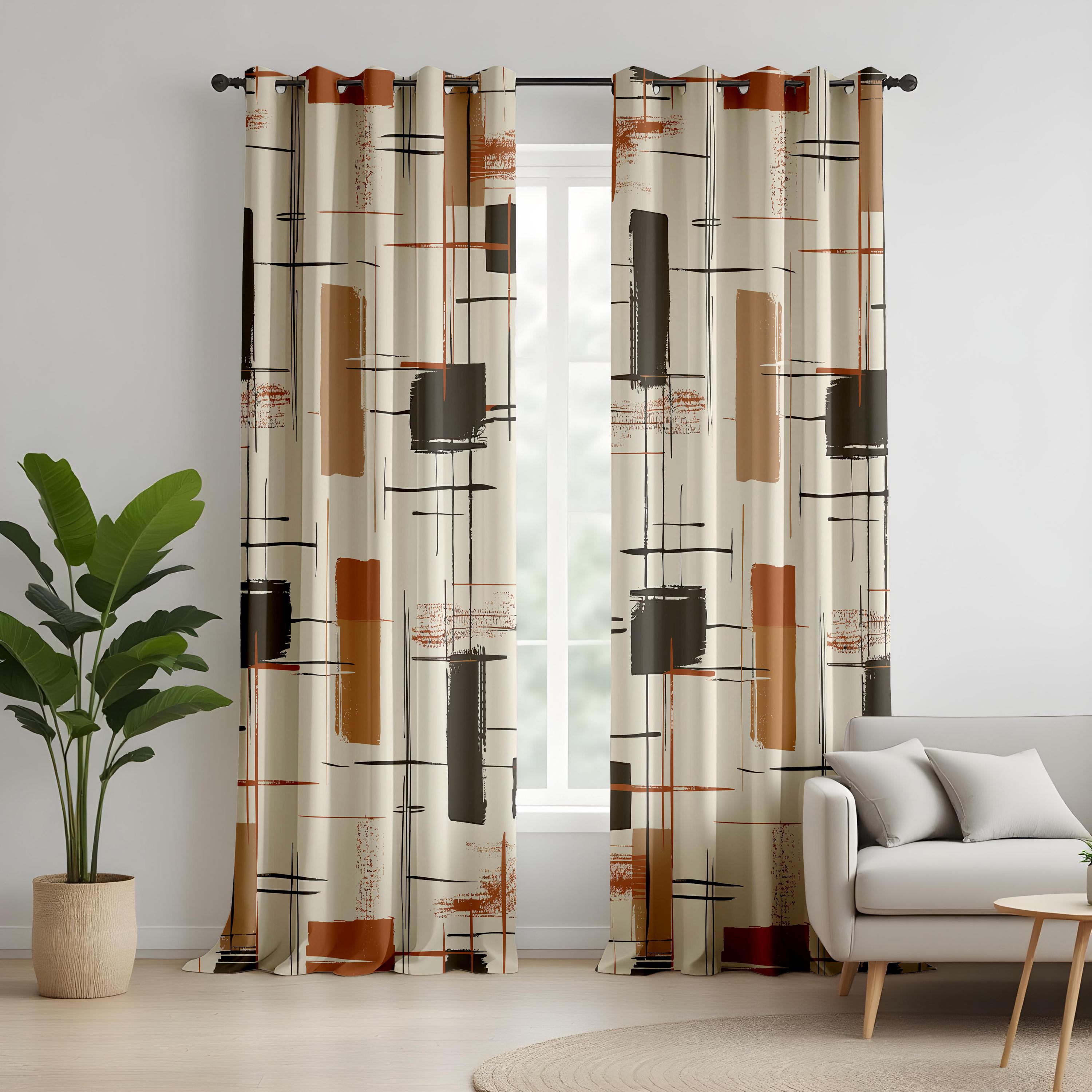 Modern Abstract Living Room Curtains, Terracotta and Brown Block Print ...