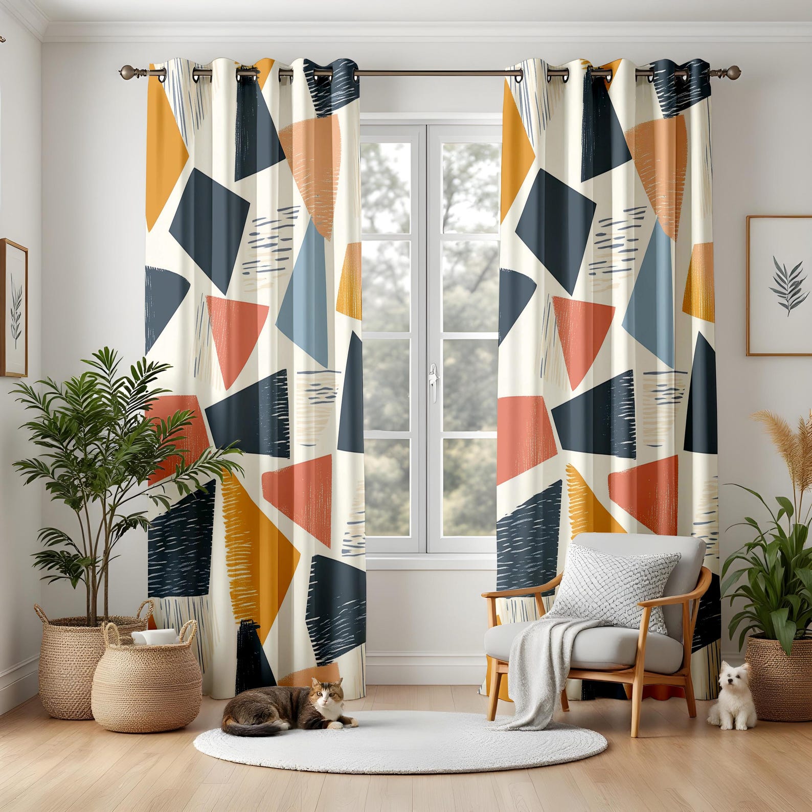 Abstract Geometric Living Room Curtains, Painterly Triangle Drapes ...