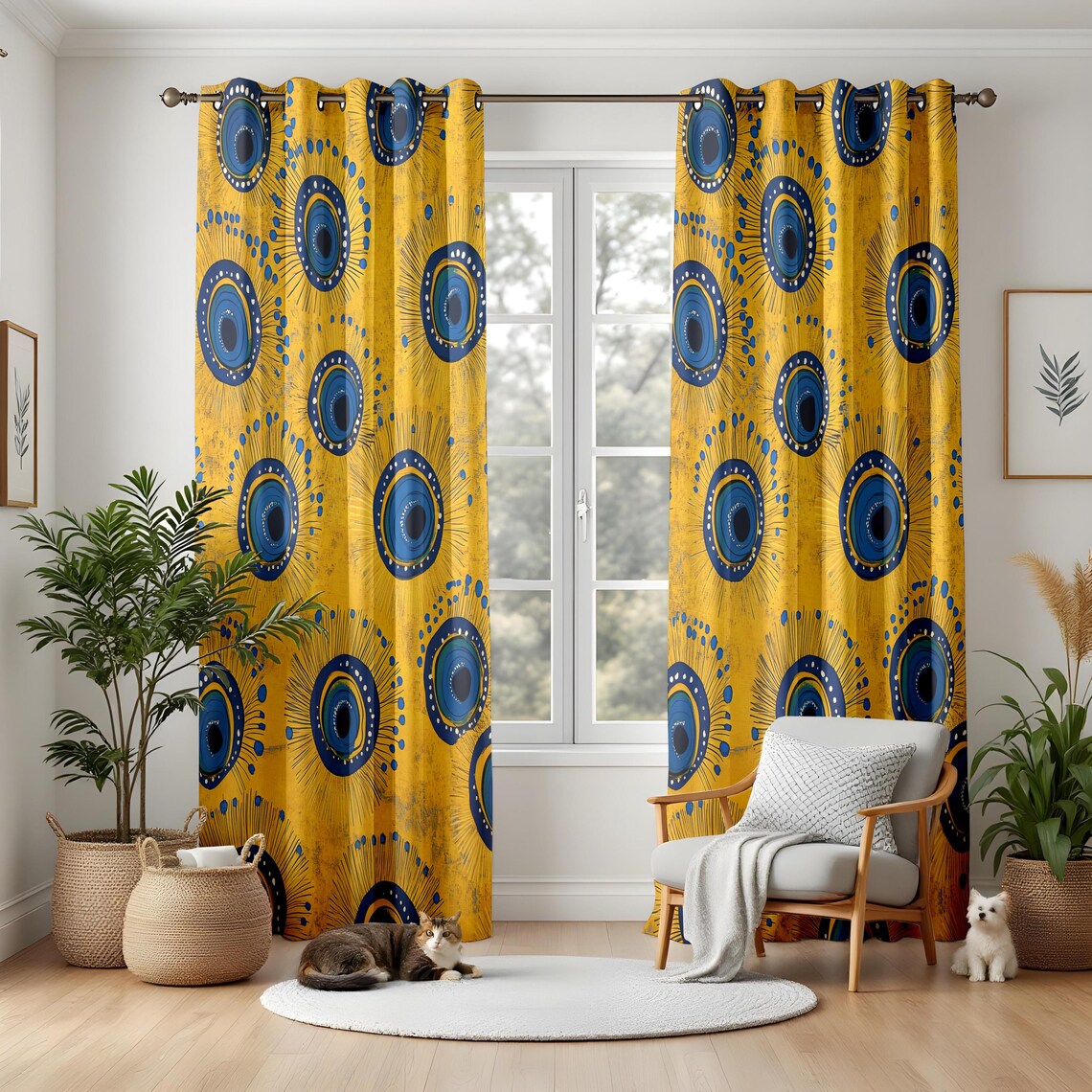 African Wax Print Thermal Curtains, Bold Yellow and Blue Tribal Drapes ...