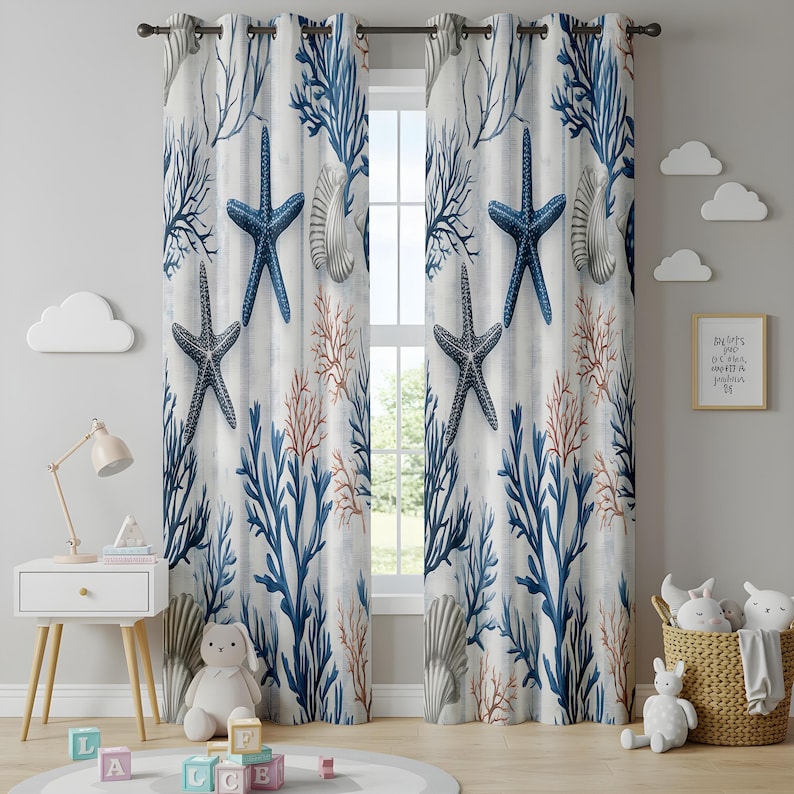 Coastal Beach Living Room Curtains, Nautical Starfish and Coral Drapes ...