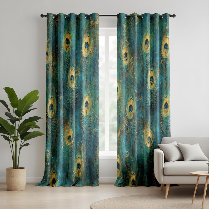 Peacock Feather Curtains for Living Room, Glam Exotic Drapes in Teal ...
