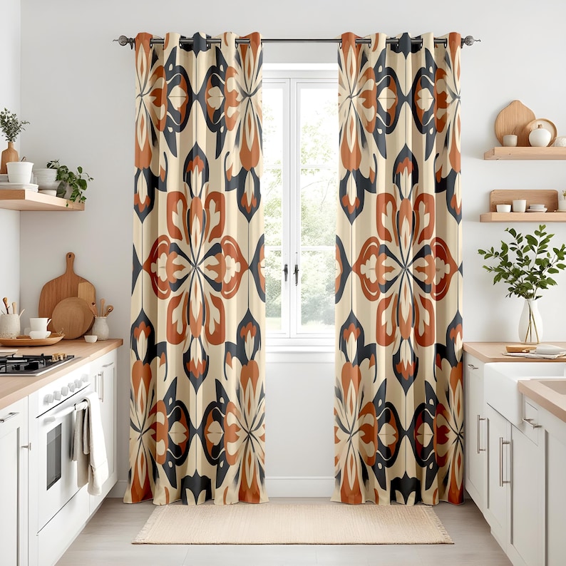 Terracotta Tile Living Room Curtains, Spanish Floral Pattern Draperies ...
