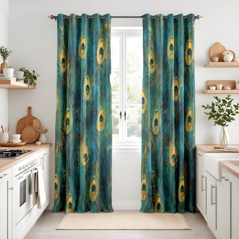Peacock Feather Curtains for Living Room, Glam Exotic Drapes in Teal ...